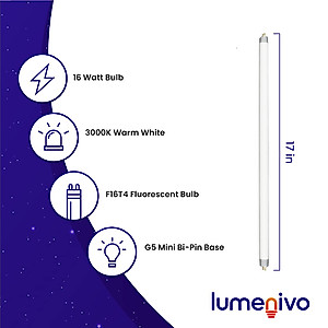 lumenivo 16W F16T4 17 Inch Fluorescent Light Bulb Replacement for Furnlite FC 952 T4 Easy to Install with A G5 Mini Bi-pin Base - 8,000 Hours - 3000K Warm White - 860 Lumens