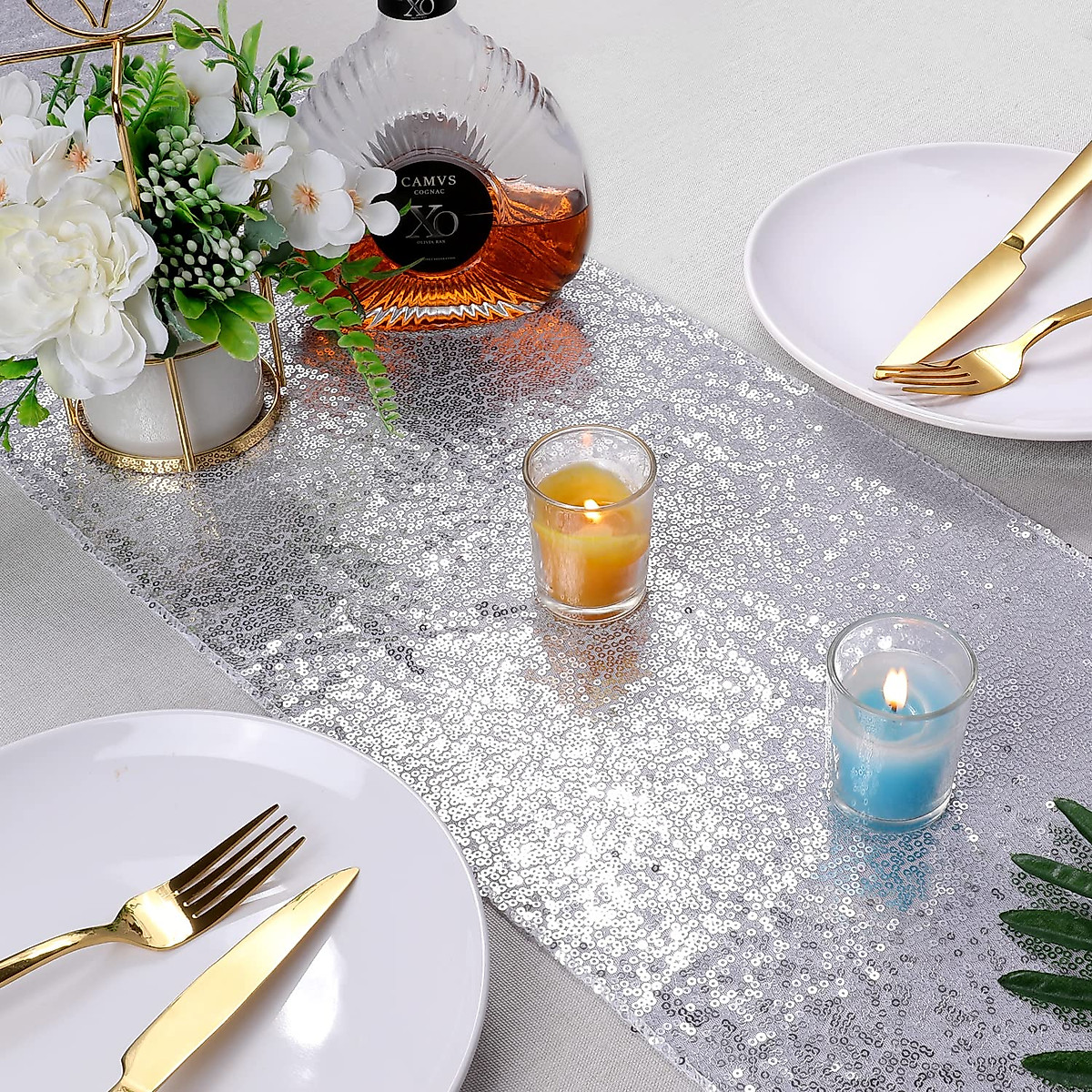 6 Pack Sequin Table Runner Silver, 12 x 108 inch Glitter Silver Table Runner for Rectangle Table for Birthday, Wedding, Banquet, Holiday Party Decorations & Baby Shower