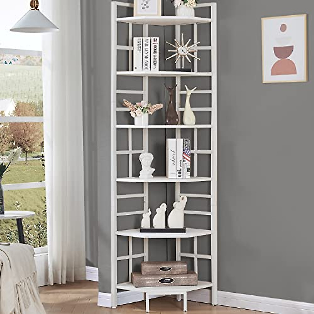 HOMISSUE 6 Tier Industrial Corner Shelf Unit, 76.9” Tall Corner Bookcase Storage Display Organizer Storage Stand for Home Office White