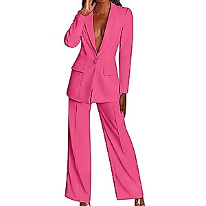Pink Blazer for Women Casual Solid Long Sleeve Suit Button Coat High Waist Long Pant 16 Piece Set Womens Jacket and Pants