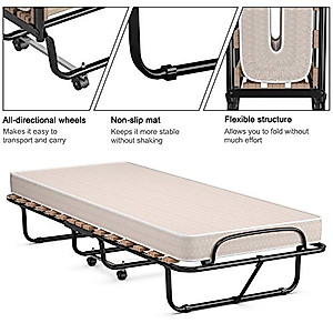 Giantex Folding Bed with Mattress, Rollaway Guest Bed w/ 4 Inch Memory Foam Mattress, Sturdy Metal Frame, Portable Sleeper Bed Cot Size Easy to Store, Foldable Bed for Adults, Made in Italy