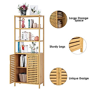 HIFIT Tall Bathroom Storage Cabinet, Bamboo Storage Cabinet with 2 Doors and 3 Tier Shelves, Bathroom Cabinet Freestanding, 67”H Bamboo Tall Cabinet for Bathroom Living Room Kitchen, Nature
