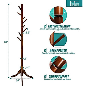 TinyTimes Wooden Coat Rack Free Standing, Sturdy Rustic Hall Tree Coat Tree Coat Hanger with 8 Hooks, for Coat, Hat, Clothes, Scarves, Handbags, Umbrella (Dark Brown)