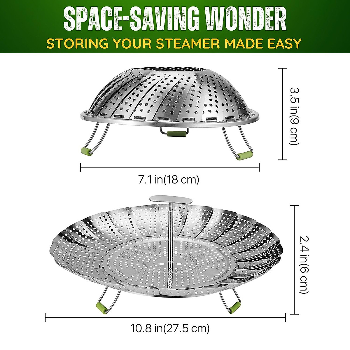 Flexzion Vegetable Steamer Basket for Pot - Stainless Steel Steaming Basket for Veggie, Fish, Meats, Eggs - Extendable Expandable Foldable Steam Basket w/Handle for Various Pot Size, 7 to 11 Inch