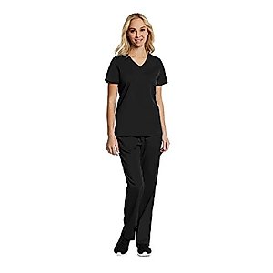 Scrubs for Women Set 6 Pocket 4-Way Stretch V-Neck and Semi-Tapered Pant Elements EL9925 (Black, Medium)