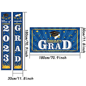 RONRONS 3 Pieces Graduation Party Decoration Banner Set, 2023 Grad Graduation Porch Sign, Front Door Wall Yard Hanging Background Signs for Indoor Outdoor School College (Blue)