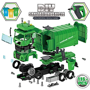 Garbage Truck Toy - 116 Pcs Friction Power Take Apart Toy STEM Toys w/Drill, Push & Go Lights & Sounds, Sanitation Trash Trucks City Vehicle Playset for Kids Toddlers Boys Ages 3 4 5 6 7 8 Years Old