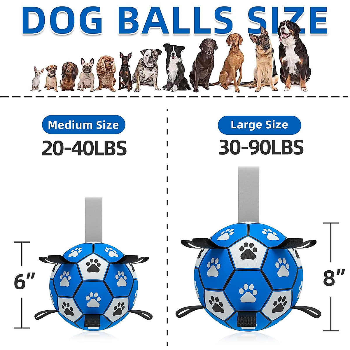 QDAN Dog Ropes Toys Soccer Ball with Straps, Interactive Dog Toys for Tug of War, Puppy Birthday Gifts, Dog Tug Toy, Dog Water Toy, Durable Dog Balls for Medium & Large Dogs-Blue&Grey（8 Inch）
