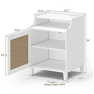 Nightstand Set of 2 White Night Stand with Charging Station Farmhouse Bedside Table with Rattan Door&Adjustable Storage Shelf Rustic Wood Couch Side Table End Table for Bedroom