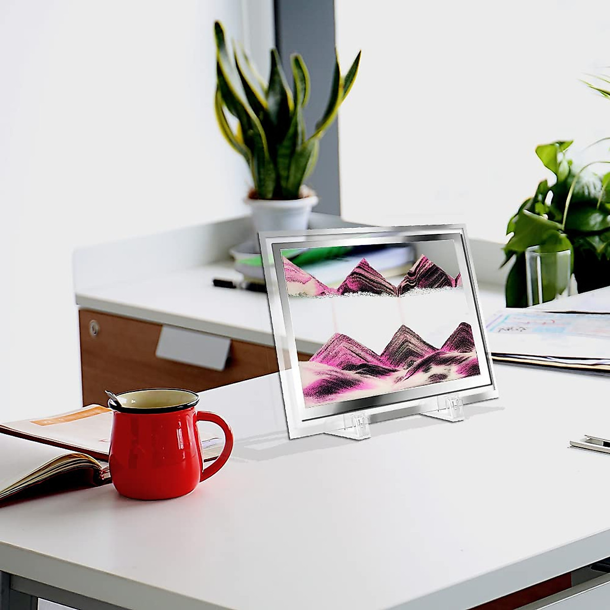 Muyan Moving Sand Art Picture Sandscapes in Motion Dynamic Sand Picture Glass 3D Deep Sea Display with Stand Decor Desktop Home Office Creative Gift (Pink, 7x9 in)