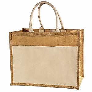 TBF Jute Burlap Tote Bags w/Canvas Front Pocket Easy-to-Decorate Vintage Totes for Rustic Chic Weddings, Shopping, Travel, Arts & Crafts Bags (Pack of 6)