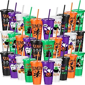 Chuangdi 30 Pack Halloween Plastic Tumbler with Lids and Straws 24 Oz Reusable Halloween Plastic Cups Spooky Halloween Party Cups Bulk for Kids Adults Halloween Party Birthday Supplies(Pumpkin)