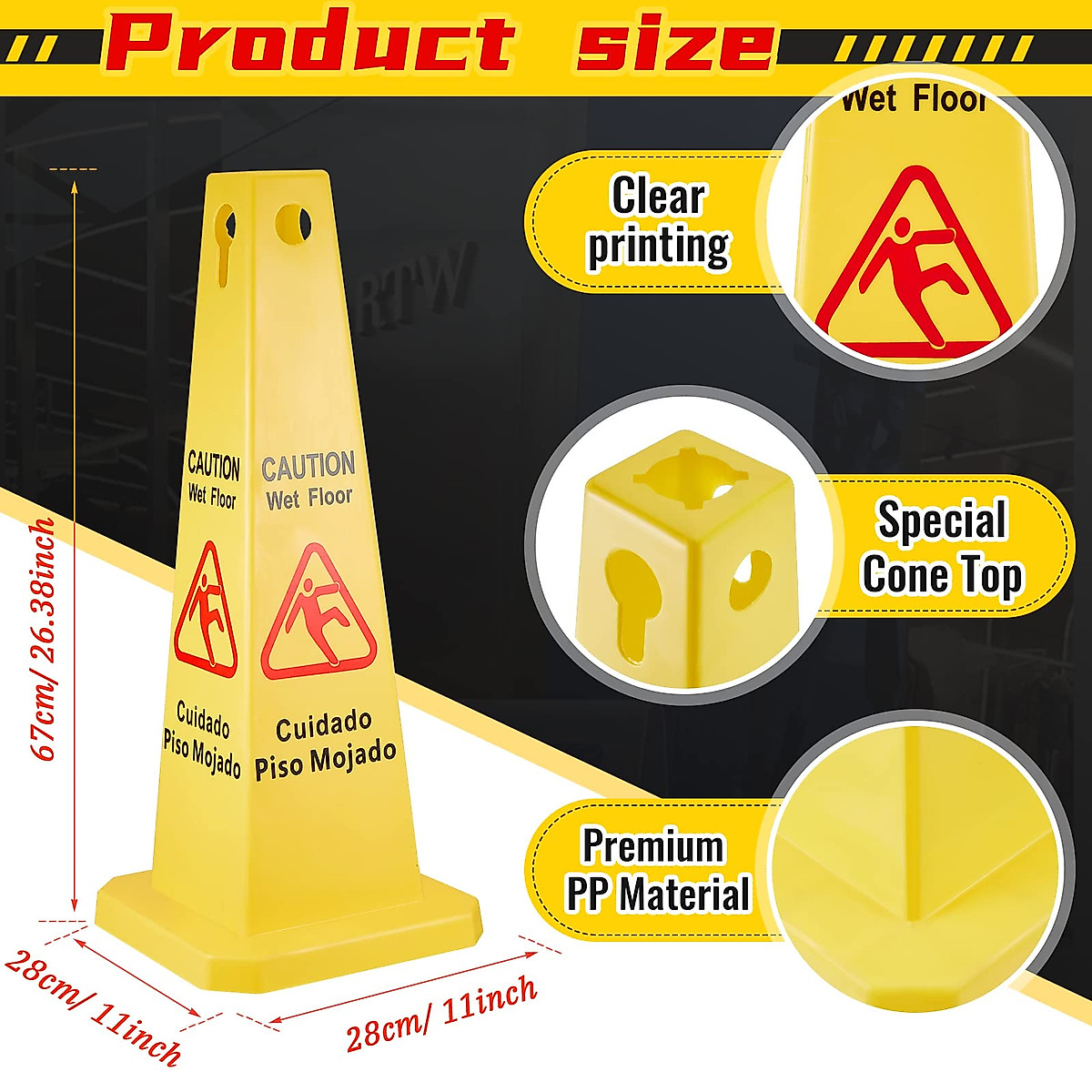 10 Pieces Floor Safety Cone Yellow Caution Wet Floor Sign 4 Sided Floor Wet Sign Public Caution Wet Floor Cone Yellow Avoid Fall Slip Accident for Indoors and Outdoors