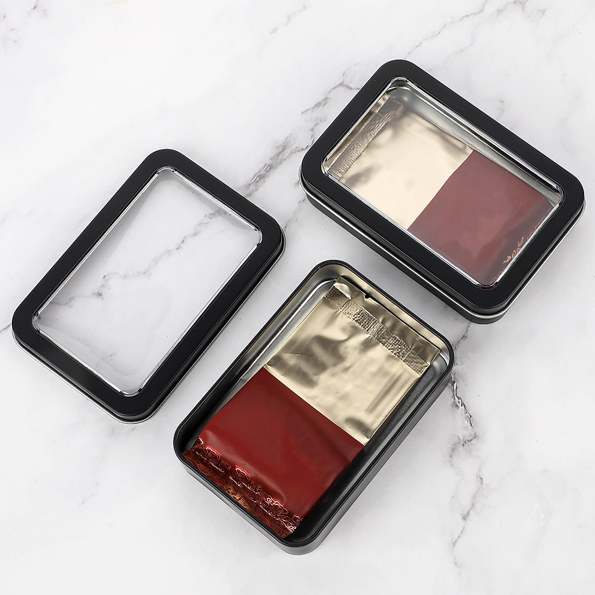 Metal Hinged Tin Box Container, 4 Pieces Rectangular Tin Box Small Storage Box Metal Stash Box Empty Tin Boxes with Removable Clear Window Lid for Candy Jewelry Beads Key Crafts Storage, Black