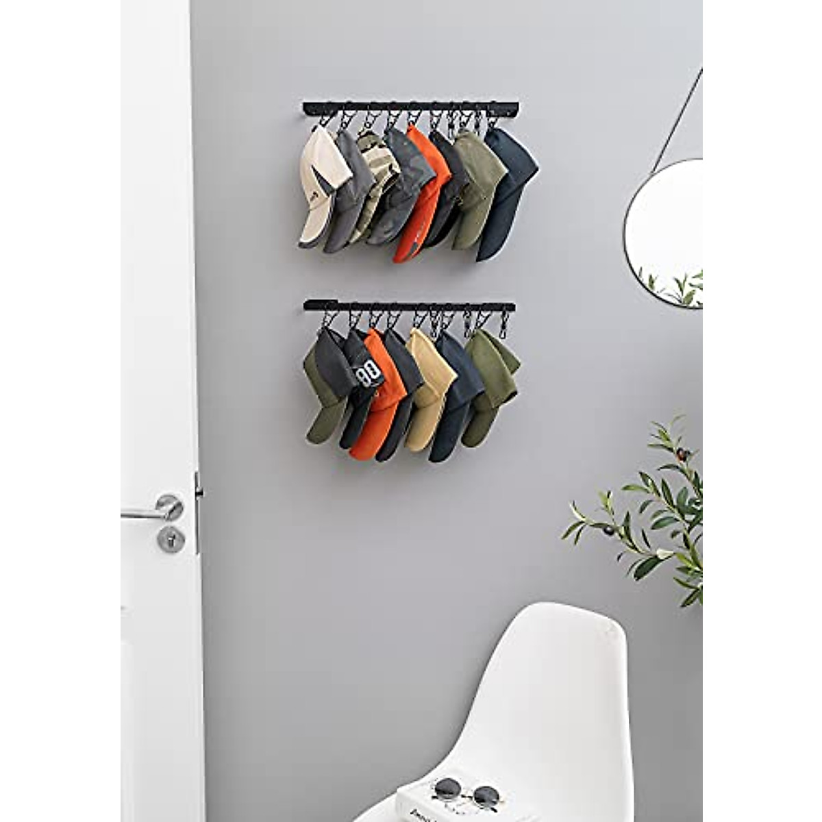 Dahey Hat Rack for Wall Baseball Hat Organizer Hanger Caps Holder with 20 Clips Metal Wall Mounted Cap Organizer for Closet Door Bedroom Entryway Laundry,Set of 2,Black