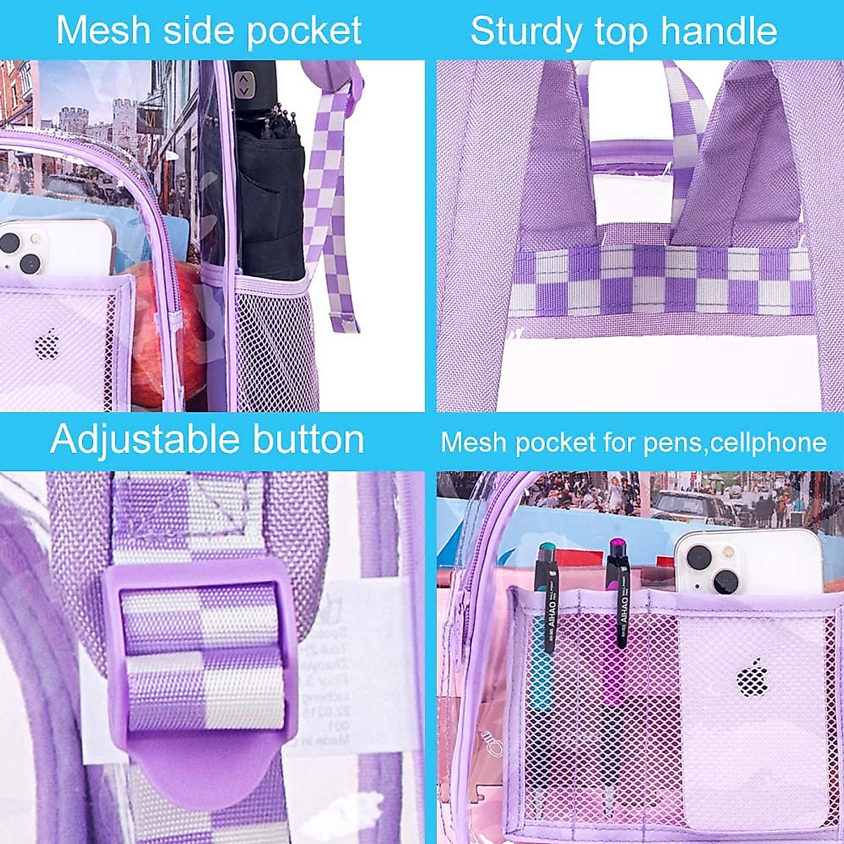 Clear Backpack for Women and Men, Heavy Duty PVC Backpacks, See Through Transparent Bookbag - Purple