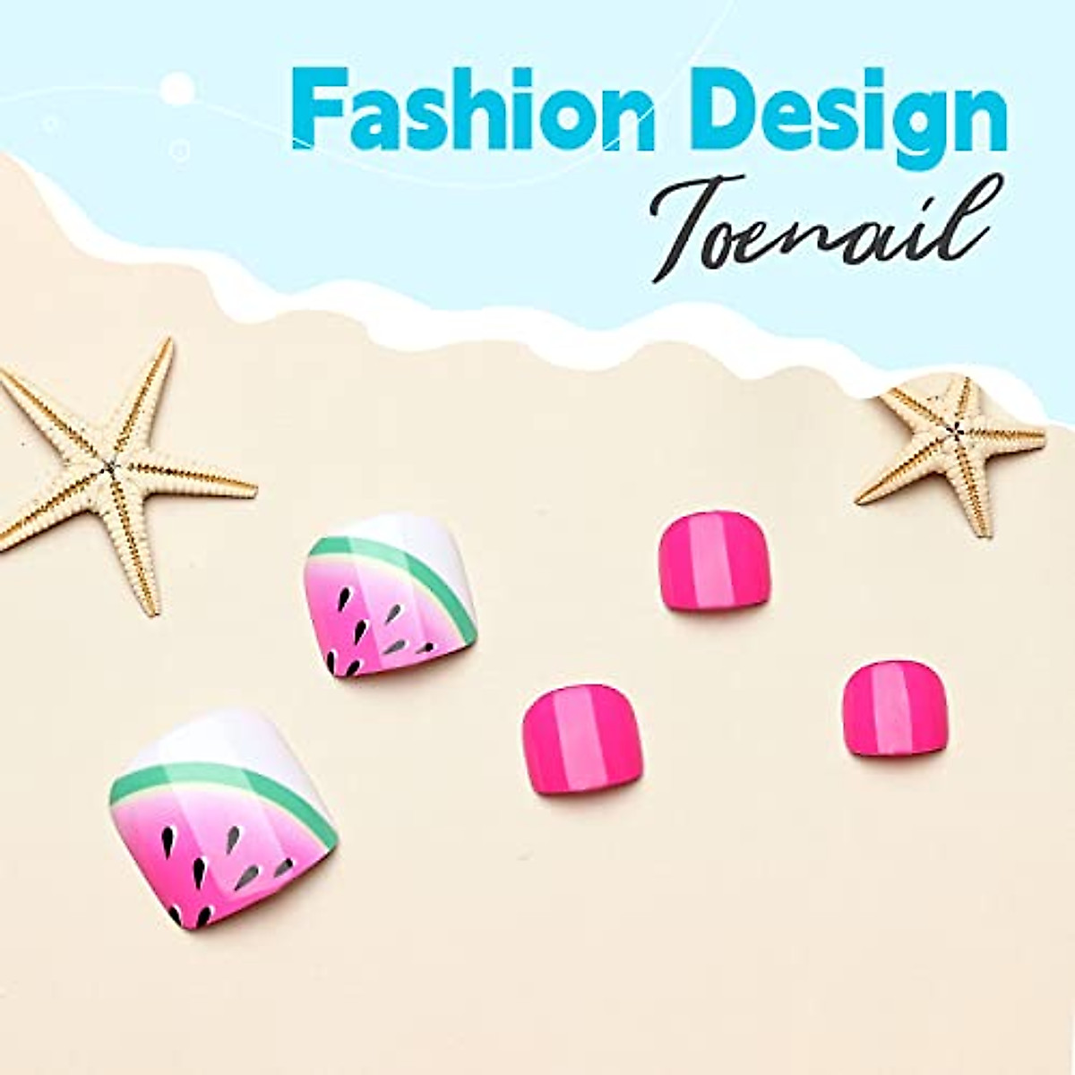 Artquee 28pcs Hot Pink Press on Toenails Short with Watermelon Design Fake Toes Nails Square Glossy Full Cover False Toe Nails Kit for Women in 14 Sizes