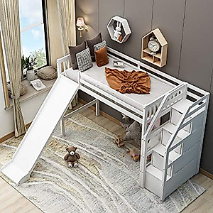 Merax Twin Size Loft Bed Frames with Silde, Staircase and Safety Guardrails No Box Spring Needed for Teens, Boys or Girls, White
