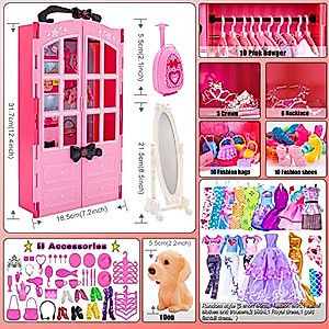 Doll Closet Wardrobe Set for 11.5 Inch Girl Doll 106 Pcs Clothes and Accessories Include Wardrobe, Suitcase, Mirror,Outfits, Dress, Shoes, Hangers, Handbags, Necklace, Crown and Dog (Pink+Rose)