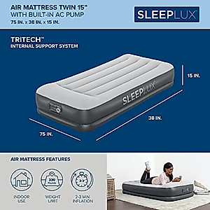 SLEEPLUX Durable Inflatable Air Mattress with Built-in Pump, Pillow and USB Charger, 15" Tall Twin