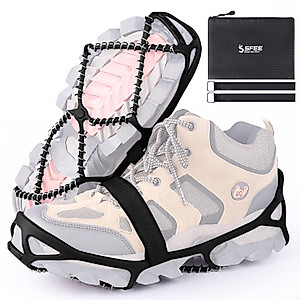 Sfee Ice Cleats Ice Grippers for Shoes and Boots, Crampons Traction Cleats for Walking on Snow and Ice Anti-Slip Flexible Footwear Snow Grips for Walking Climbing Hiking Jogging with 2 Straps