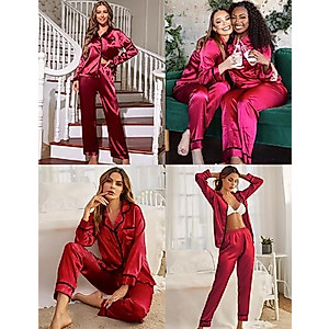 SWOMOG Womens Silk Satin Pajamas Silk Lounge Sets Two Piece Long Sleeve Button Up Shirts and Lounge Pants Set Comfy Soft Red