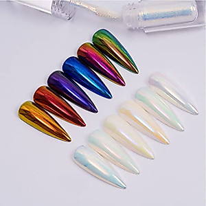 Katfan Pearl Liquid Nail Powder Pearlescent Ice Aurora Dust Nail Powder Chameleon Holographic Chrome Iridescent Mirror Effect Pigment High Gloss Nail Art Glitter for Home DIY Nail Tips