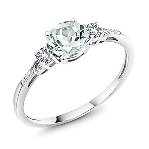 Gem Stone King 10K White Gold 6MM Round Gemstone Birthstone White Created Sapphire & White Diamond Accent 3-Stone Engagement Ring | Three-Stone Wedding Anniversary Promise Ring For Women