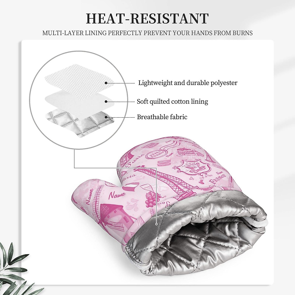 Custom Silicone Oven Mitts with Name France Paris Eiffel Heat Resistant Non-Slip Cotton Lining Oven Gloves Set of 2 Comfort Safety Durable Kitchen Pot Holder for BBQ Cooking Baking