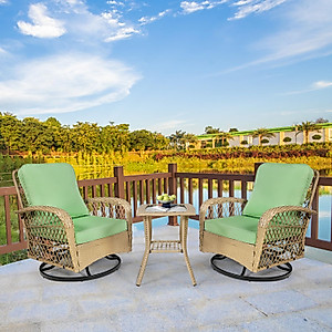 FUNKOCO 3 Pieces Outdoor Swivel Glider Rocker, Rattan Woven Patio Furniture Set, Wicker Patio Bistro Set with Washable Cushions and Glass Table for Garden, Porch, Backyard