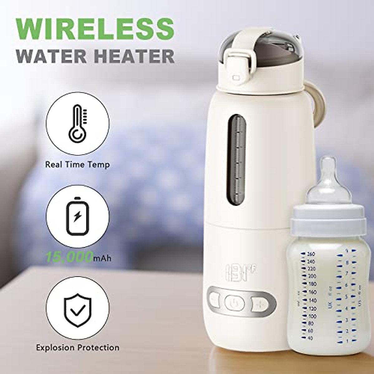 Voraiya® Portable Water Warmer, Rechargeable Bottle Warmer for Formula, Breastmilk, Baby Milk, 300ml, Smart Baby Flask with Precise Temp Control, Wireless Bottle Warmer for Car, Travel, Outdoor(white)