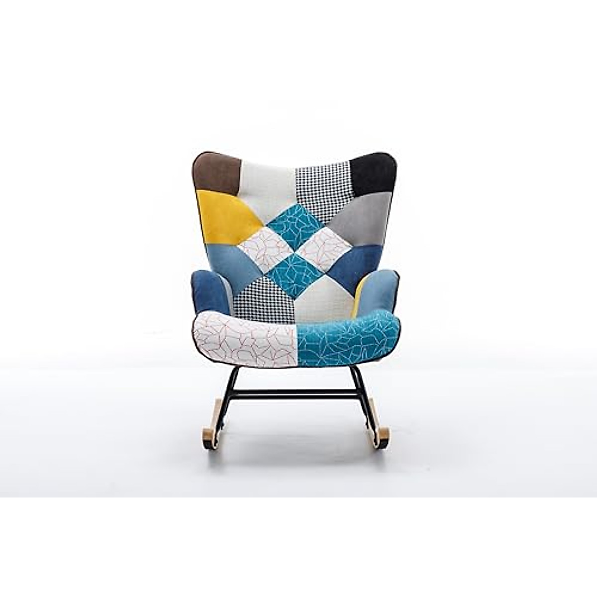 BIAYE Patchwork Solid Wood Armrest and Feet, Mid-Century Modern Accent, Fabric Sofa Chair for Living Room Bedroom Studio, Comfy Side Armchair for Bed,Antique Blue