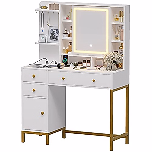 Makeup Vanity with Lights, Vanity Desk with Openable Mirror & 3-Color Dimmable, White Vanity Table with Charging Station, Makeup Desk with Visual Drawer, Hooks, Hidden and Open Storage Shelves
