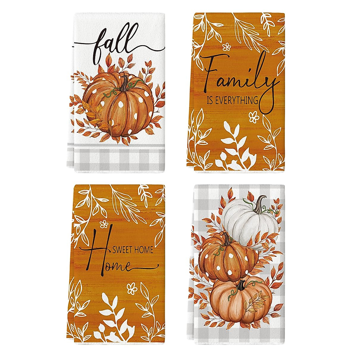 Artoid Mode Orange Buffalo Plaid Polka Dot Pumpkin Fall Kitchen Towels Dish Towels, 18x26 Inch Farmhouse Eucalyptus Leaves Decoration Hand Towels Set of 4