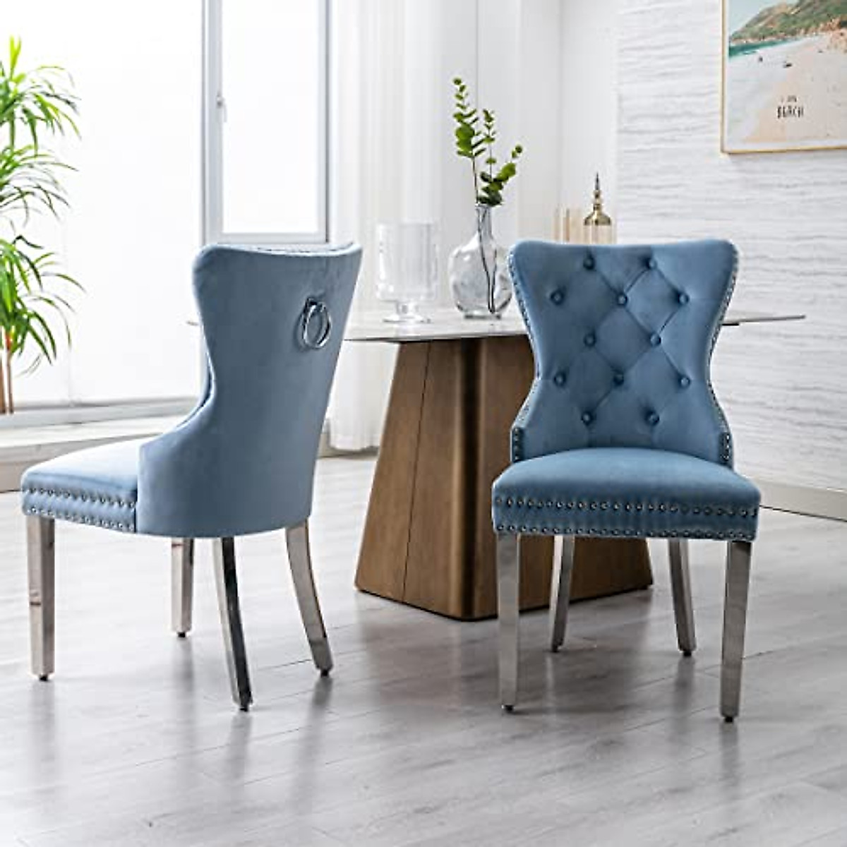 Restworld Velvet Dining Chairs Set of 2,Upholstered Tufted Back Nail Trim Accent Chair with Stainless Steel Legs,Blue