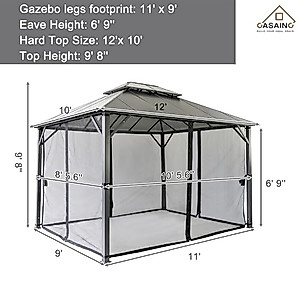 CASAINC Hardtop Gazebo 10x12 FT, Hardtop Gazebos with Double Roof, Aluminum Frame Permanent Outdoor Canopy, Patio Gazebo with Mosquito Netting for Patio Lawn Garden
