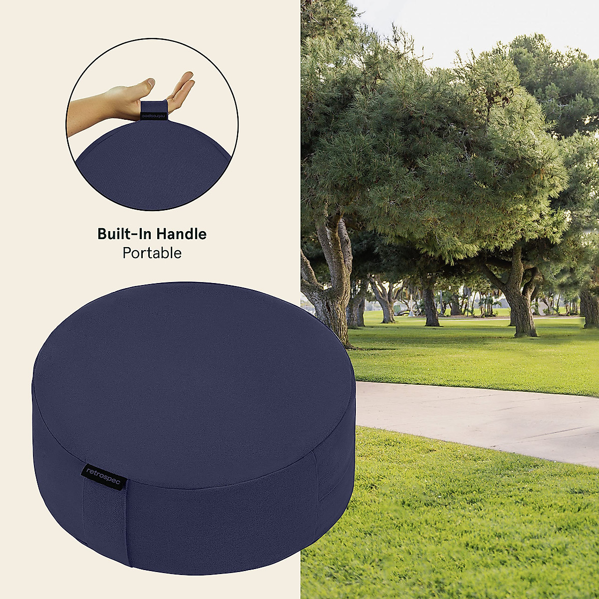 Retrospec Sedona Zafu Meditation Cushion Filled w/Buckwheat Hulls - Yoga Pillow for Meditation Practices - Machine Washable 100% Cotton Cover & Durable Carry Handle; Round, Midnight