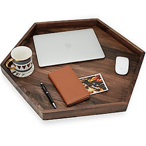 MAGIGO 26 x 22 Inches Extra Large Hexagonal Black Walnut Wood Ottoman Tray with Handles, Serve Tea, Coffee, Classic Hexagon Wooden Decorative Serving Tray