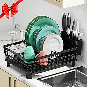 MOUKABAL Dish Drying Rack, Dish Rack,Dish Racks for Kitchen Counter,Dish Drainer with Removable Utensil Holder,Dish Drying Rack with Drainboard and Swivel Spout(Black)