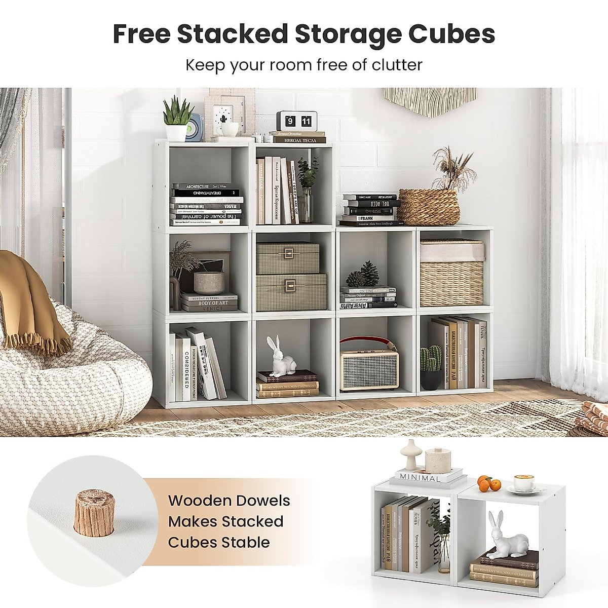 Giantex 2 Cube Bookshelf Organizer, 2-Tier Stackable Cube Storage Organizer, Small Wooden Open Book Shelf with Anti-toppling Device, Wood Floor Standing Display Shelving Bookcase, White