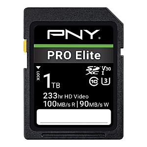 PNY 1TB PRO Elite Class 10 U3 V30 SDXC Flash Memory Card - 100MB/s, Class 10, U3, V30, 4K UHD, Full HD, UHS-I, Full Size SD