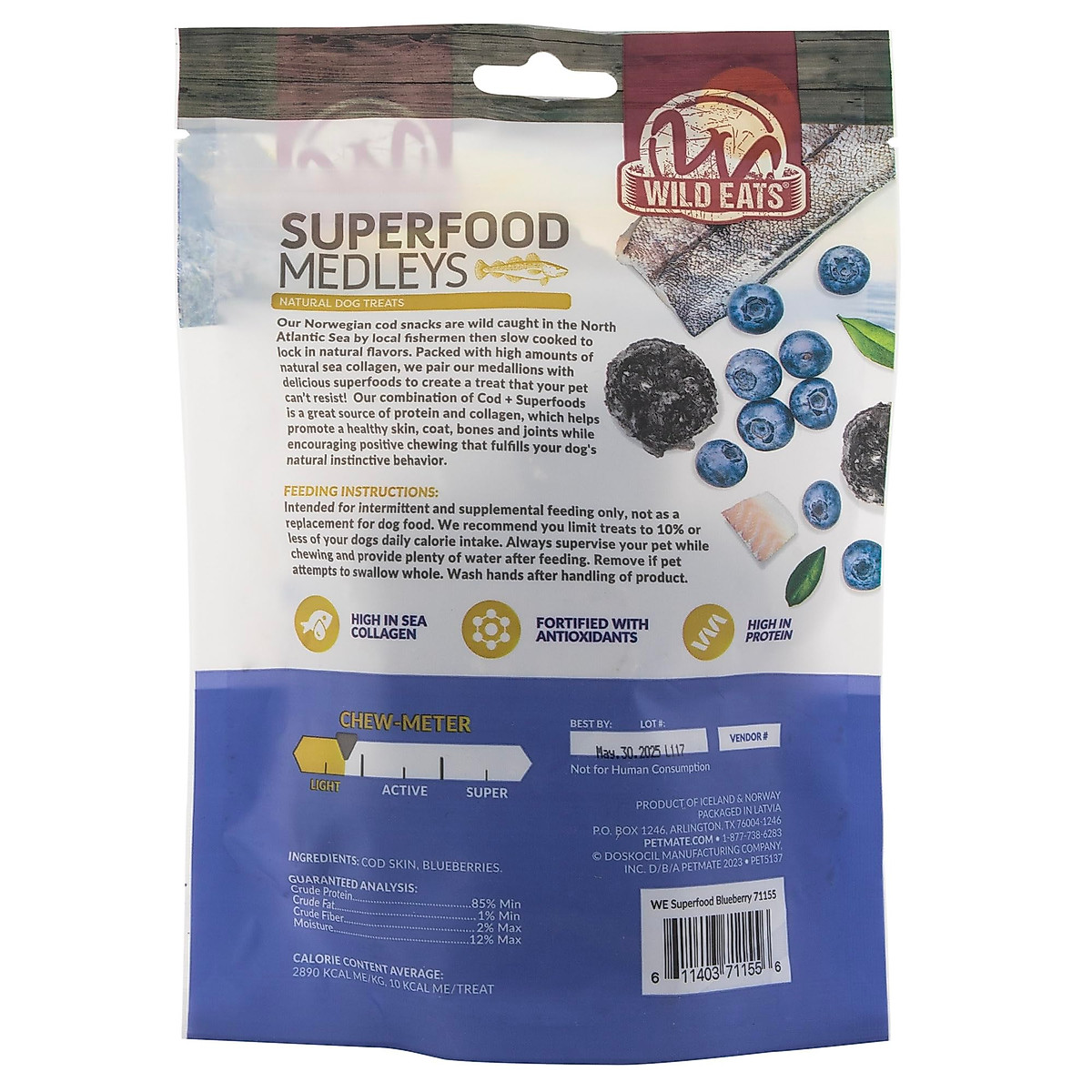 Wild Eats Cod Skins for Dogs, Superfood Healthy Dog Treat Training, 3oz Limited Ingredient Real Blueberry & Cod High in Antioxidants, High Protein, and Marine Collagen for Small, Medium and Large Dogs