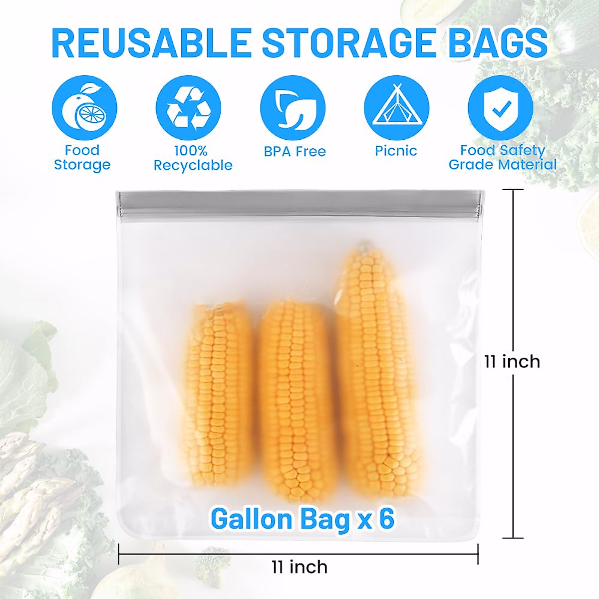 CIVJET 6 Pack Reusable Gallon Freezer Bags, Dishwasher Safe, BPA Free, Silicone, Zipper Closure, Red, Green, Food Storage