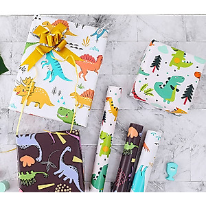 U'COVER Cute Dinosaur Birthday Wrapping Paper for Boys Girls Kids Baby Shower 3 Styles Cartoon Animal Monster Gift Wrapping Paper Roll for Holiday Anniversary Graduation (3 ROLL-44.4 sq.ft.ttl