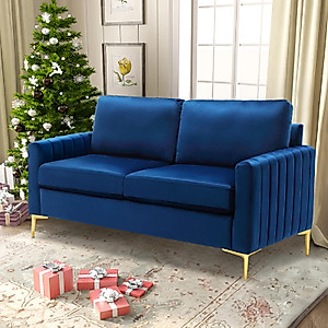 65'' Blue Couch for Small Space, Modern Comfy Upholstered 2-Seater Tufted Velvet Love Seat Sofa Couches for Livingroom Bedroom Apartment Furniture, Soft Foam Pocket Spring Hybrid Cushioned, Gold Leg