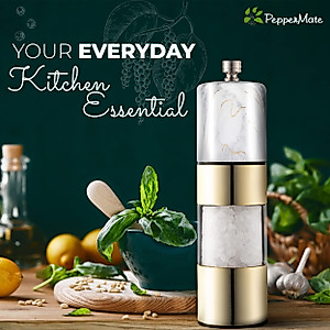 Peppermate Salt and Pepper Grinder - Easily Refillable Stainless Steel Pepper Mill Grinder with Real Marble Finish Top, Ceramic Blades, Adjustable Coarseness (White)