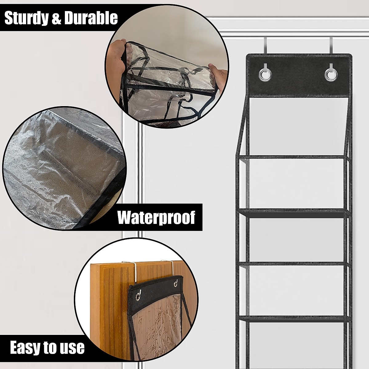 5-Shelf Over The Door Hanging Pantry Organizer, Room Organizer with Clear Plastic Pockets, Behind The Door Storage Organizer Large Capacity Organizer for Closet Bedroom Bathroom (Black)