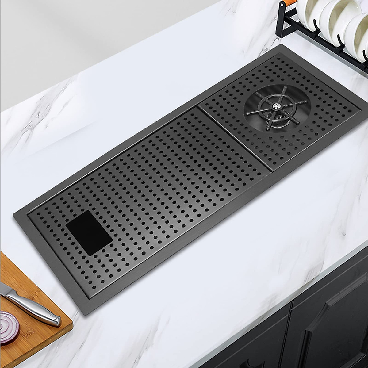 QINTH Bar Sink with Glass Rinser, Stainless Steel Undermount Prep Kitchen Sink, 23.4 X 10.2 Inches Single Bowl, for Hotel Cafe Restaurant Workstation