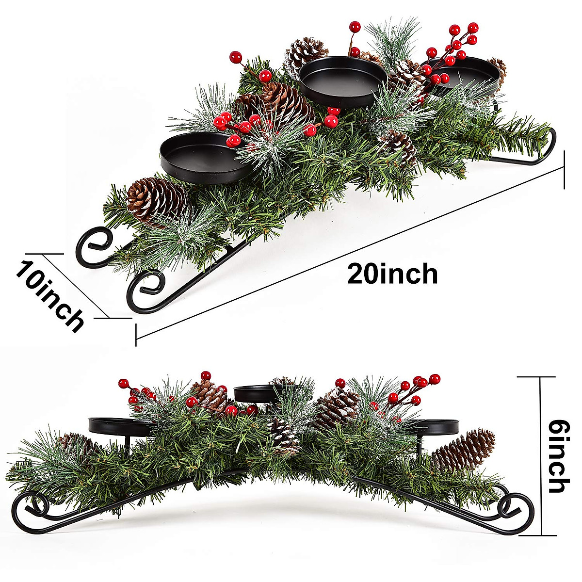 DearHouse Christmas Candle Holder Centerpiece, Pine Cones and Red Berry Table Centerpiece with 3 Candle Holders Table Accent Centerpiece for Festival Home Decoration 20" x 10" x 6"(L x W x H)