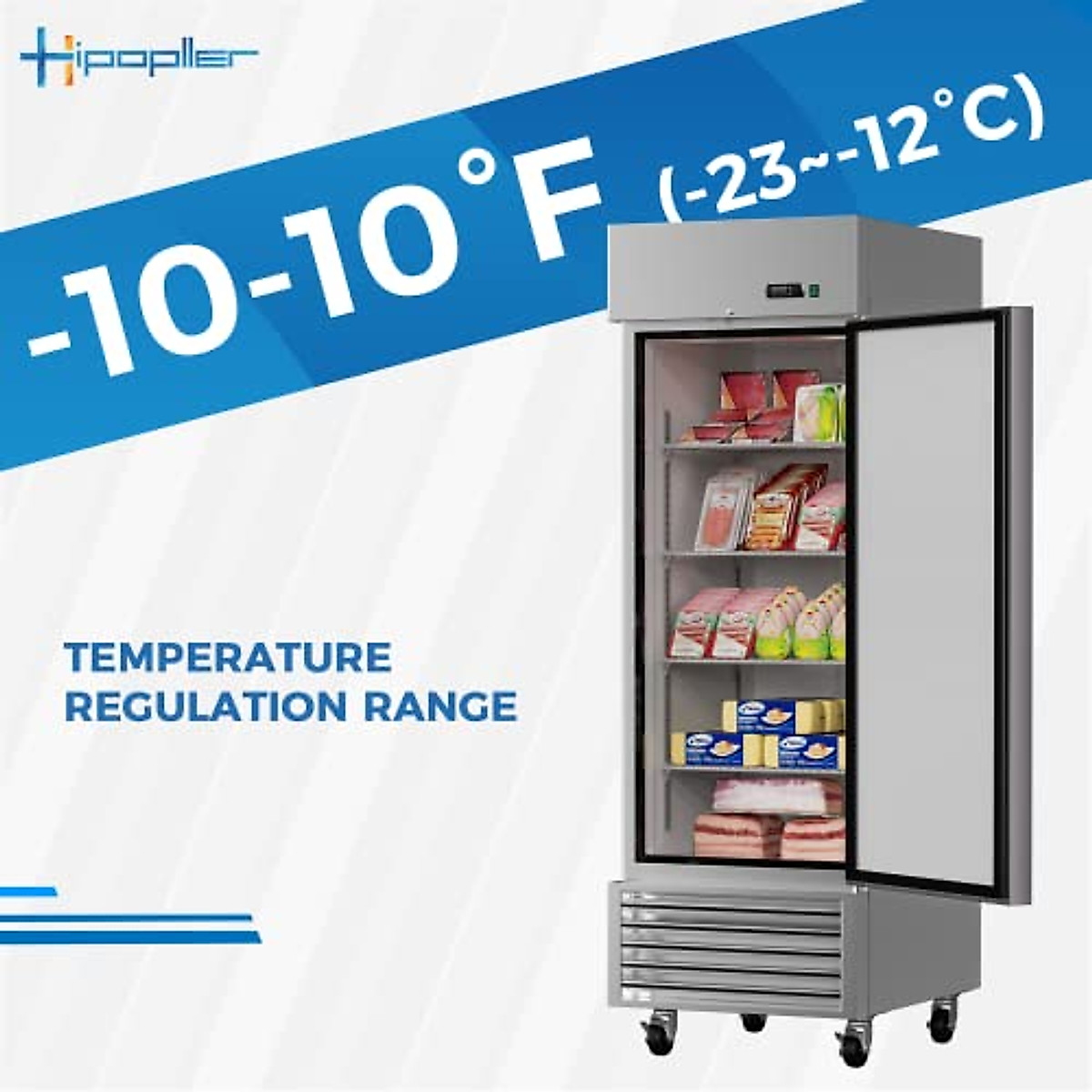 HIPOPLLER 27" W Commercial Stainless Steel Freezer, Single Door 25 cu. ft. Reach In Freezer with 4 Shelves and LED Light, 115v for Commercial Kitchen, Restuarant, Bar, Shop, etc